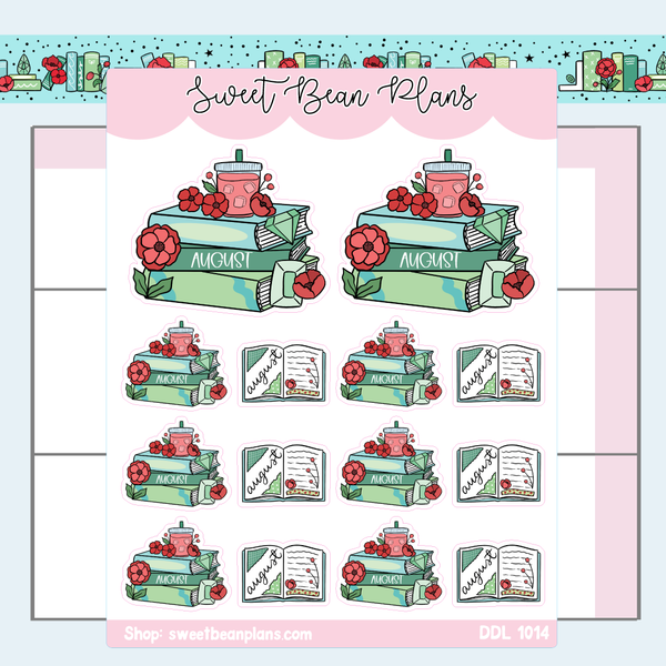 August 2024 Book Stack Vinyl Planner Stickers | Ddl 1014 – Sweet Bean Plans