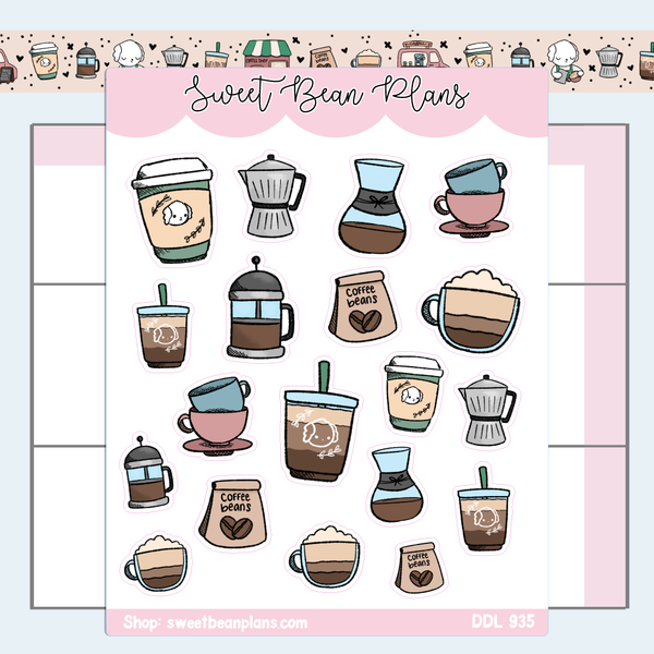 Coffee Doodles Vinyl Planner Stickers | Ddl 935 – Sweet Bean Plans